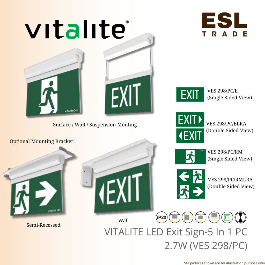 VITALITE LED Exit Sign - 5 In 1 PC (Slim Type) VES 298/PC 2.7W - High ...