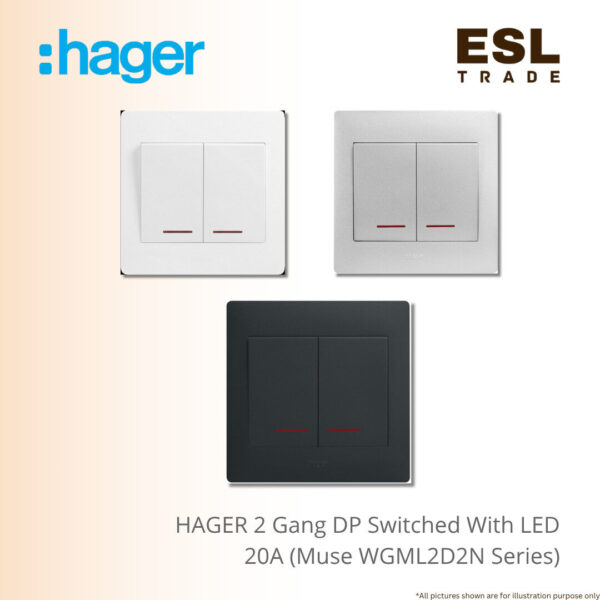 HAGER Switched Double Pole With LED 20A 2 Gang WGML2D2N Muse Series ...